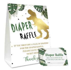 diaper raffle baby shower game, 1 standing sign and 50 tickets, dinosaur theme gender neutral for boys or girls, bring a pack of diapers for mom-to-be, (031)