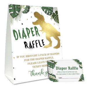 Diaper Raffle Baby Shower Game, 1 Standing Sign and 50 Tickets, Dinosaur Theme Gender Neutral For Boys or Girls, Bring A Pack of Diapers for Mom-To-Be, (031)