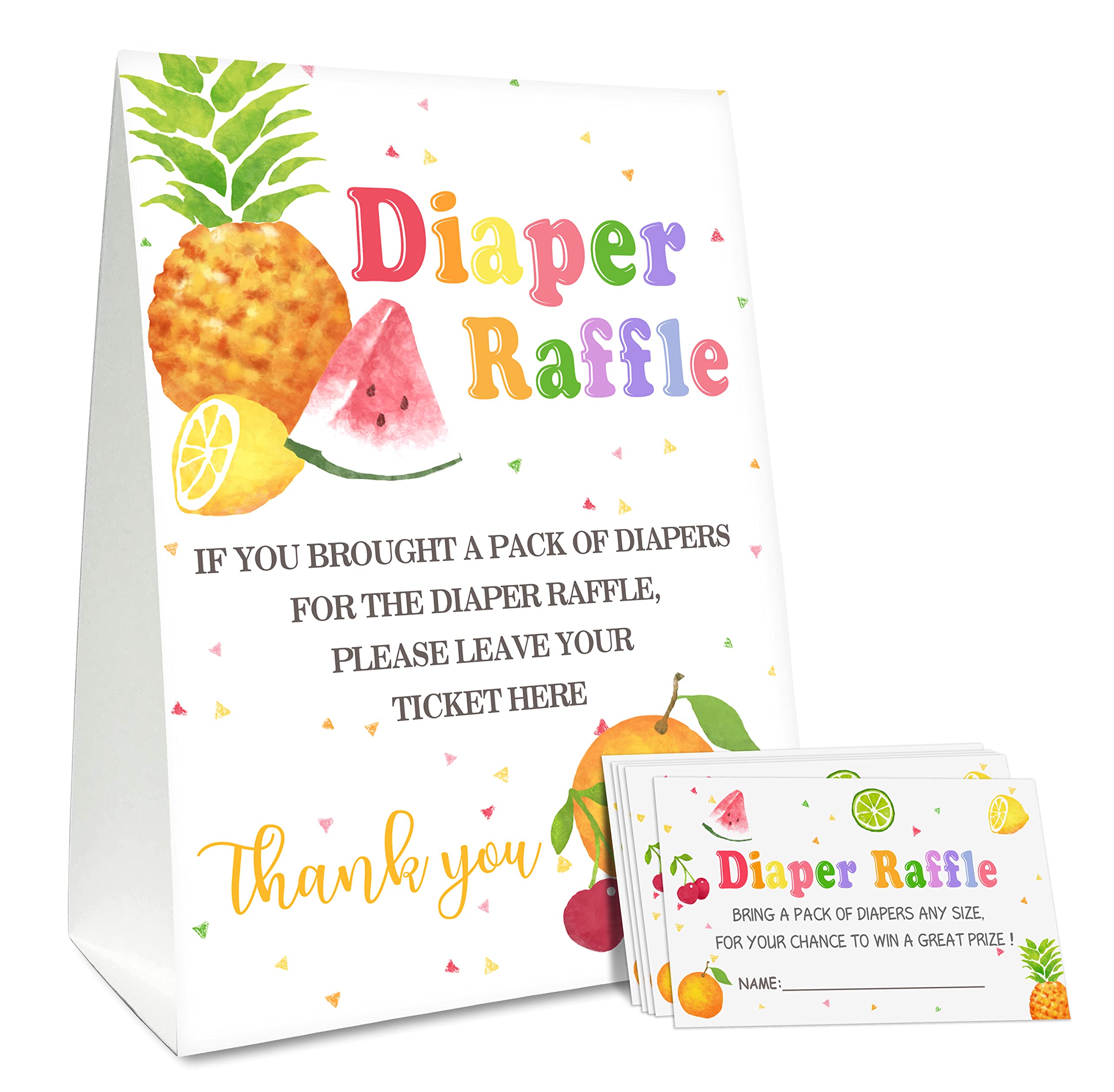 Diaper Raffle Baby Shower Game, 1 Standing Sign and 50 Tickets, Fruits Theme Gender Neutral For Boys or Girls, Bring A Pack of Diapers for Mom-To-Be, (038)