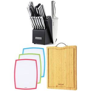 mc21 15 pieces german stainless steel knife sets with built-in sharpener + mcw11 bamboo cutting boards set of 4 (large, 17”11.4”0.8”)