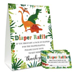 nopoben diaper raffle baby shower game, 1 standing sign and 50 tickets, dinosaur theme gender neutral for boys or girls, bring a pack of diapers for mom-to-be, (029)