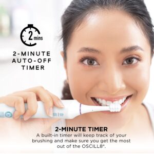 Conair Oscill8 Rechargeable Power Toothbrush for Adults and Children, White, 2-Minute Auto-Off Timer, 2 Bristle Heads, 270-Degree Angle, 2-In-1 Design, Battery Powered