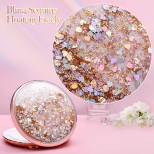 B Beauty Planet Compact 20X Magnifying Mirror with Light,5-Inch,LED Travel Compact Mirror, Liquid Bling Glitter Quicksand Portable Folding Mirror with Lights(Golden Rose)