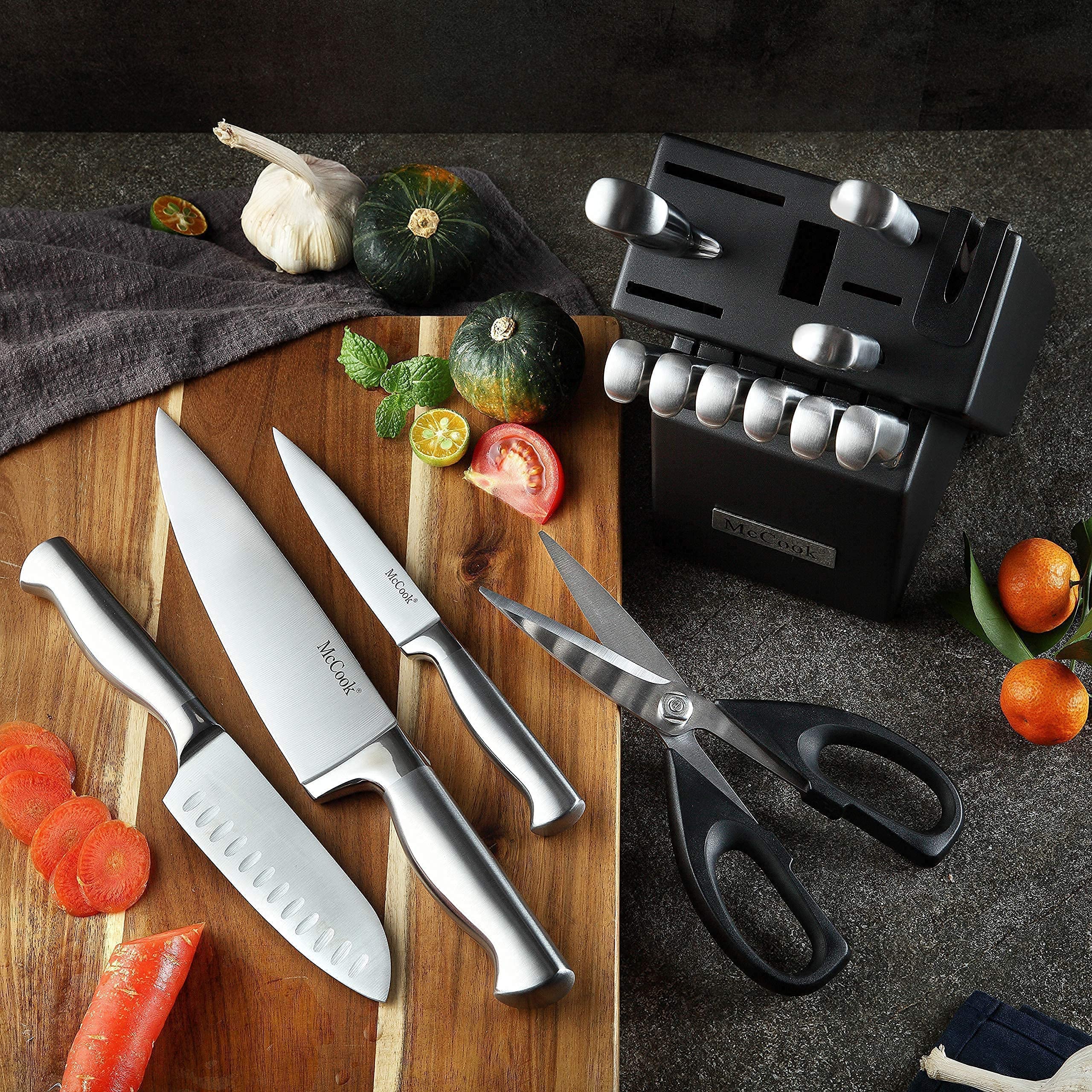 MC21 15 Pieces German Stainless Steel Knife Sets with Built-in Sharpener + MCW11 Bamboo Cutting Boards Set of 4 (Large, 17”11.4”0.8”)