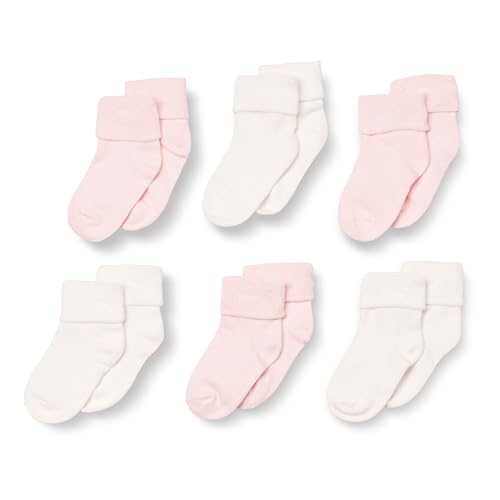 Amazon Essentials Unisex Babies' Cotton Turn Cuff Socks, 6 Pairs, Pink/White, 0-6 Months