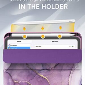 MoKo Case Fit New iPad Mini 6 Case with Pencil Holder (6th Gen 8.3 inch 2021), Soft TPU Frame Hard PC Clear Transparent Back Shell Smart Cover for iPad Mini 6 2021, Auto Wake/Sleep, Marble Gold Purple