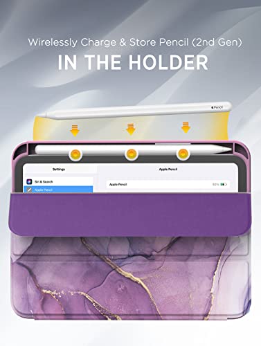 MoKo Case Fit New iPad Mini 6 Case with Pencil Holder (6th Gen 8.3 inch 2021), Soft TPU Frame Hard PC Clear Transparent Back Shell Smart Cover for iPad Mini 6 2021, Auto Wake/Sleep, Marble Gold Purple