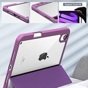 MoKo Case Fit New iPad Mini 6 Case with Pencil Holder (6th Gen 8.3 inch 2021), Soft TPU Frame Hard PC Clear Transparent Back Shell Smart Cover for iPad Mini 6 2021, Auto Wake/Sleep, Marble Gold Purple