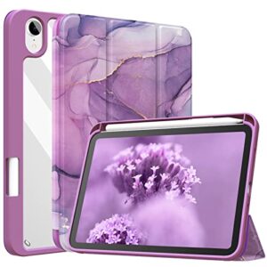 moko case fit new ipad mini 6 case with pencil holder (6th gen 8.3 inch 2021), soft tpu frame hard pc clear transparent back shell smart cover for ipad mini 6 2021, auto wake/sleep, marble gold purple