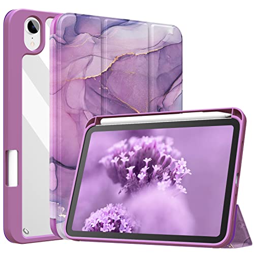 MoKo Case Fit New iPad Mini 6 Case with Pencil Holder (6th Gen 8.3 inch 2021), Soft TPU Frame Hard PC Clear Transparent Back Shell Smart Cover for iPad Mini 6 2021, Auto Wake/Sleep, Marble Gold Purple