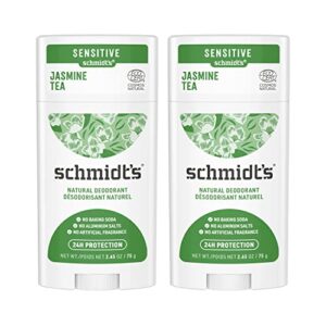 schmidt's baking soda-free sensitive skin natural deodorant for women and men, jasmine tea with 24 hour odor protection, aluminum free, vegan, cruelty free, 2.65 ounce (pack of 2)