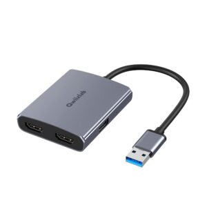 qwiizlab usb 3.0 to dual hdmi adapter, 1080p@60hz video converter, only support windows 7/8/10/11, only support a-b-b extend mode, usb-a data port, 3.5mm audio port