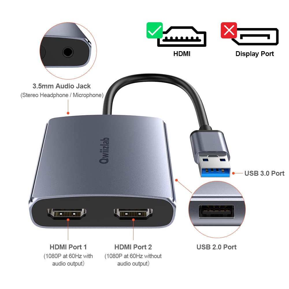 Qwiizlab USB 3.0 to Dual HDMI Adapter, 1080P@60Hz Video Converter, Only Support Windows 7/8/10/11, Only Support A-B-B Extend Mode, USB-A Data Port, 3.5mm Audio Port