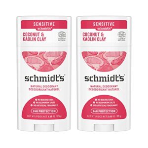 schmidt's aluminum free natural deodorant coconut & kaolin clay 2-pk for women and men, with 24 hour odor protection, certified natural, cruelty free, vegan deodorant 2.65oz