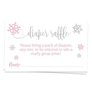 winter baby shower diaper raffle ticket diaper wipes raffle ticket insert request prize snowflake pink silver snowy shimmery glittery glitter shimmer glimmer snow (25 count)