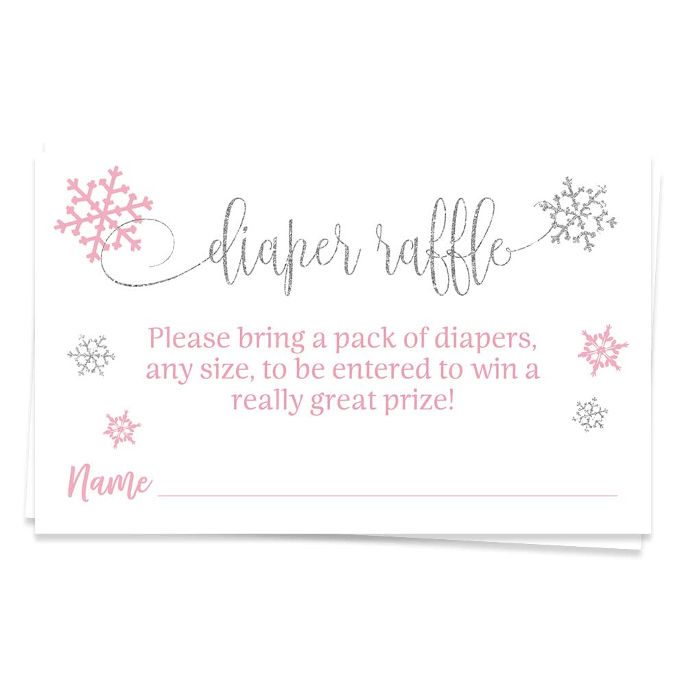 Winter Baby Shower Diaper Raffle Ticket Diaper Wipes Raffle Ticket Insert Request Prize Snowflake Pink Silver Snowy Shimmery Glittery Glitter Shimmer Glimmer Snow (25 Count)