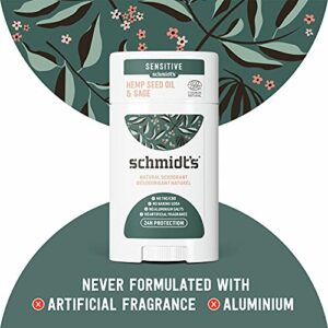 Schmidt's Aluminum Free Natural Deodorant For Women And Men, Hemp Seed Oil & Sage With 24 Hour Odor Protection, Certified Natural, Cruelty Free, Vegan Deodorant 2.65oz 2 Pack