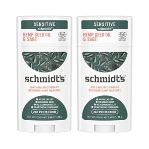 schmidt's aluminum free natural deodorant for women and men, hemp seed oil & sage with 24 hour odor protection, certified natural, cruelty free, vegan deodorant 2.65oz 2 pack