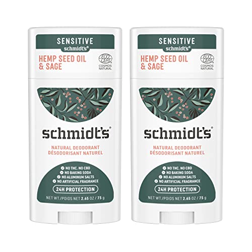 Schmidt's Aluminum Free Natural Deodorant For Women And Men, Hemp Seed Oil & Sage With 24 Hour Odor Protection, Certified Natural, Cruelty Free, Vegan Deodorant 2.65oz 2 Pack