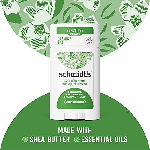 Schmidt's Baking Soda-Free Sensitive Skin Natural Deodorant for Women and Men, Jasmine Tea with 24 Hour Odor Protection, Aluminum Free, Vegan, Cruelty Free, 2.65 Ounce (Pack of 2)