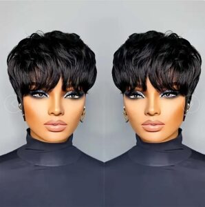 qiaqiaring pixie cut wigs for black women 9a short straight human hair wigs with bangs short layered pixie wigs for black women natural black color glueless wigs full machine made