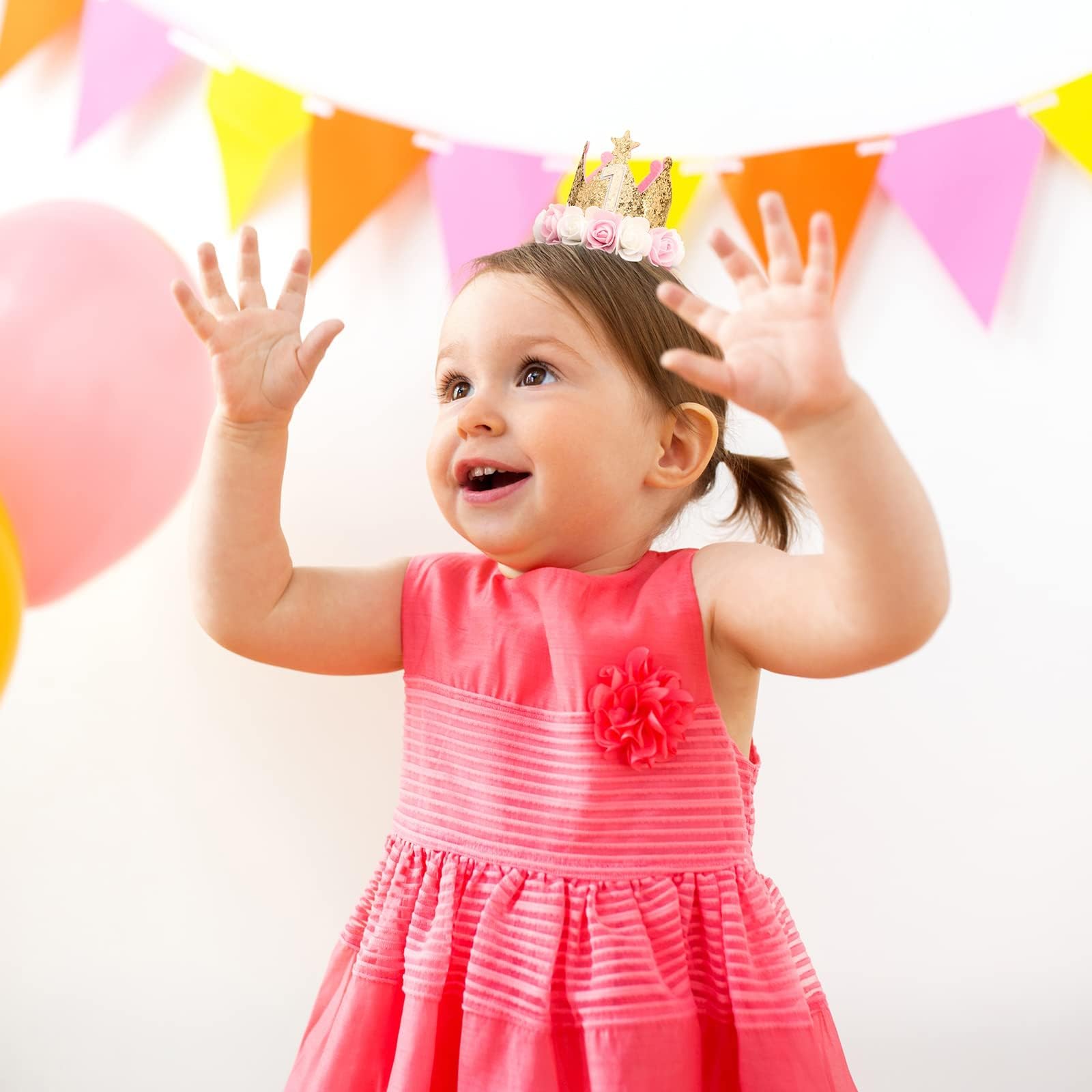 BIRSAT 1st Birthday Hat, Girls First Birthday Hat, One Birthday Crown With Rose Buds For Baby Girls 1st Birthday Decorations, One Year Old Dog Birthday Bandana, Cat Birthday Cap For Party Supplies