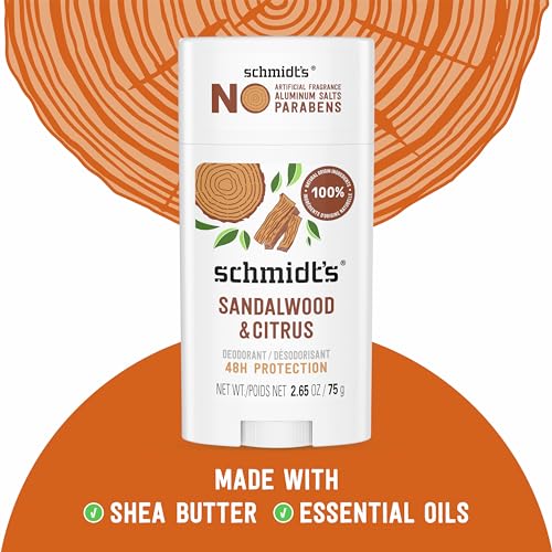 Schmidt's Aluminum-Free Vegan Deodorant Sandalwood & Citrus 2 Count for Women and Men, with 24 Hour Odor Protection, Natural Ingredients, Cruelty-Free, 2.65 oz