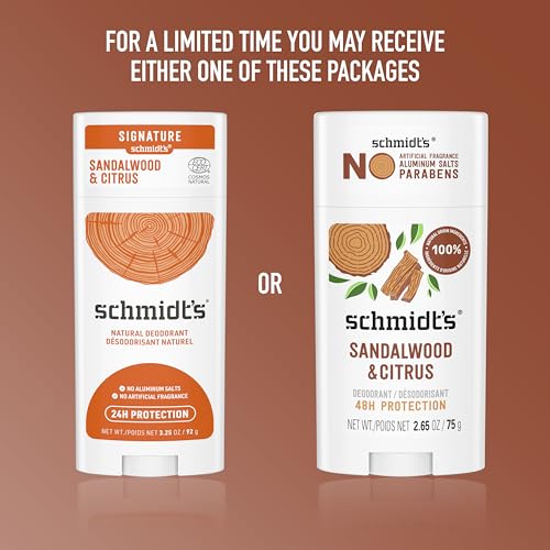 Schmidt's Aluminum-Free Vegan Deodorant Sandalwood & Citrus 2 Count for Women and Men, with 24 Hour Odor Protection, Natural Ingredients, Cruelty-Free, 2.65 oz