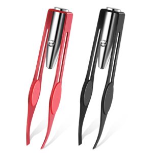 2 pieces tweezers with led light hair removal lighted tweezers makeup tweezers with light tools for men women precision eyebrow eyelash hair removal tweezers stainless steel tweezers (black, red)