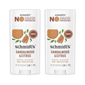 schmidt's aluminum-free vegan deodorant sandalwood & citrus 2 count for women and men, with 24 hour odor protection, natural ingredients, cruelty-free, 2.65 oz