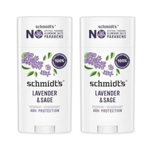 schmidt's aluminum-free vegan deodorant lavender & sage with 24 hour odor protection, 2 count for women and men, natural ingredients, cruelty-free, 2.65 oz