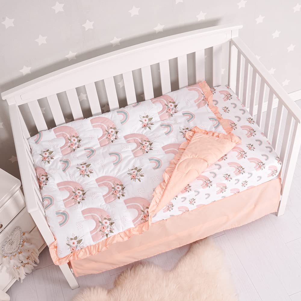 Noisy Mouse - Boho Rainbow, Premium, 100% Organic Cotton 4-Piece Baby Nursery Bedding Crib Set | Baby Comforter | 2 X Fitted Crib Sheets | Crib Skirt (Peach, Teal, White)