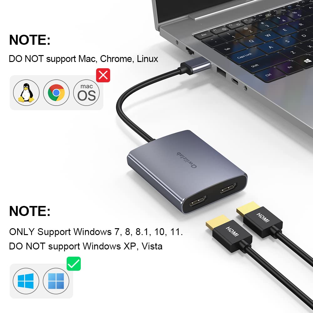 Qwiizlab USB 3.0 to Dual HDMI Adapter, 1080P@60Hz Video Converter, Only Support Windows 7/8/10/11, Only Support A-B-B Extend Mode, USB-A Data Port, 3.5mm Audio Port