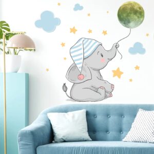 lovely elephant with night cap wall stickers, luminous moon wall decals, cloud star cartoon wall decors, removable diy art wall mural for kids bedroom, nursery, home decoration