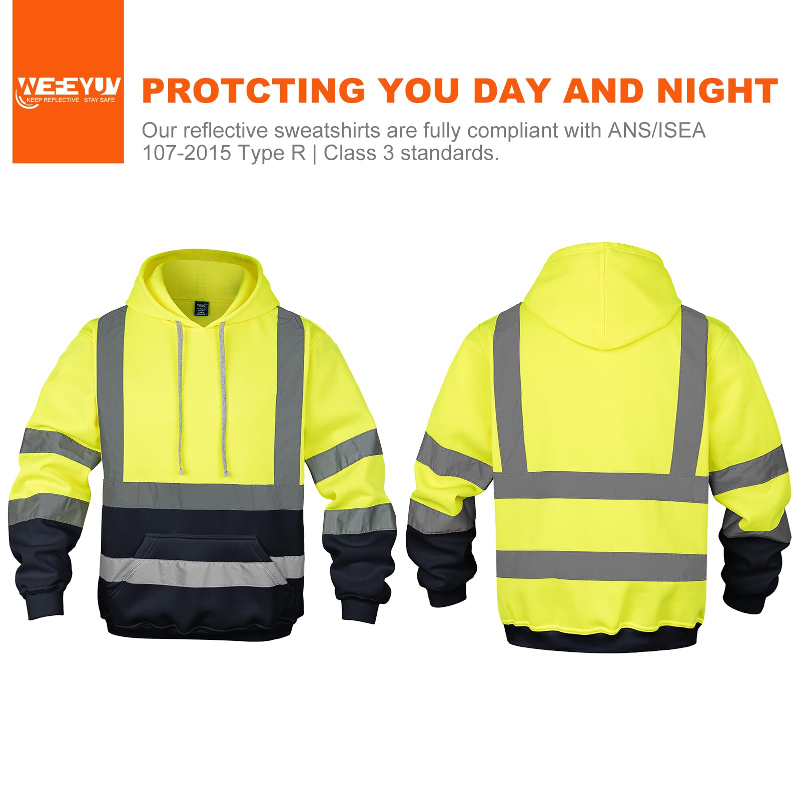 wefeyuv Safety Hi Vis ANSI Class 3 Safety Sweatshirt for Men Reflective Yellow/Navy XL