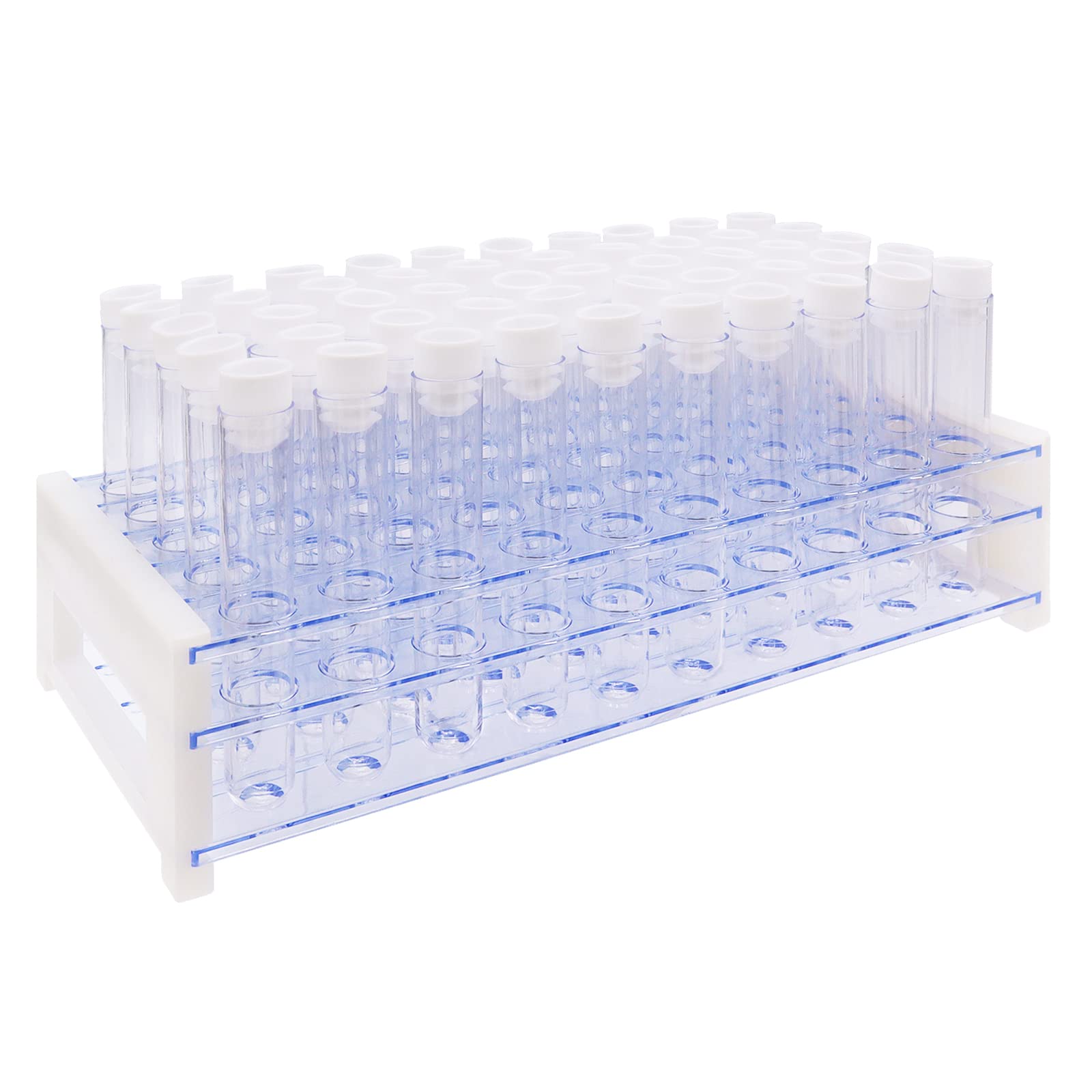 50 Pcs Clear Plastic Test Tubes with Rack,16 x 100mm(10ml) Tube with Caps and 50 Holes Tubes Rack for Scientific Experiments,Beads Liquid Storage Containers,Scientific Theme Party Decorations