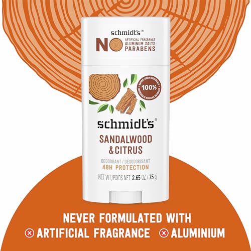 Schmidt's Aluminum-Free Vegan Deodorant Sandalwood & Citrus 2 Count for Women and Men, with 24 Hour Odor Protection, Natural Ingredients, Cruelty-Free, 2.65 oz