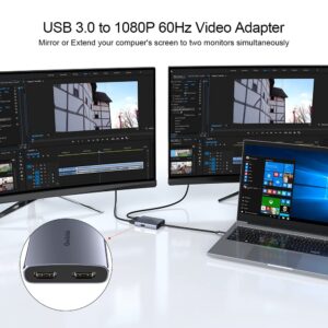 Qwiizlab USB 3.0 to Dual HDMI Adapter, 1080P@60Hz Video Converter, Only Support Windows 7/8/10/11, Only Support A-B-B Extend Mode, USB-A Data Port, 3.5mm Audio Port