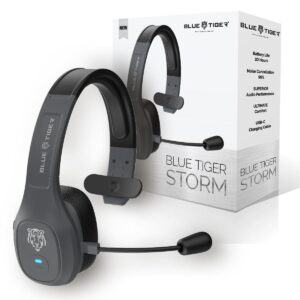 blue tiger storm gray - premium trucker bluetooth headset - wireless noise canceling mono headset with mic - high-fidelity sound, 30-hour talk time, usb-c charging - for truck drivers, bluetooth 5.0