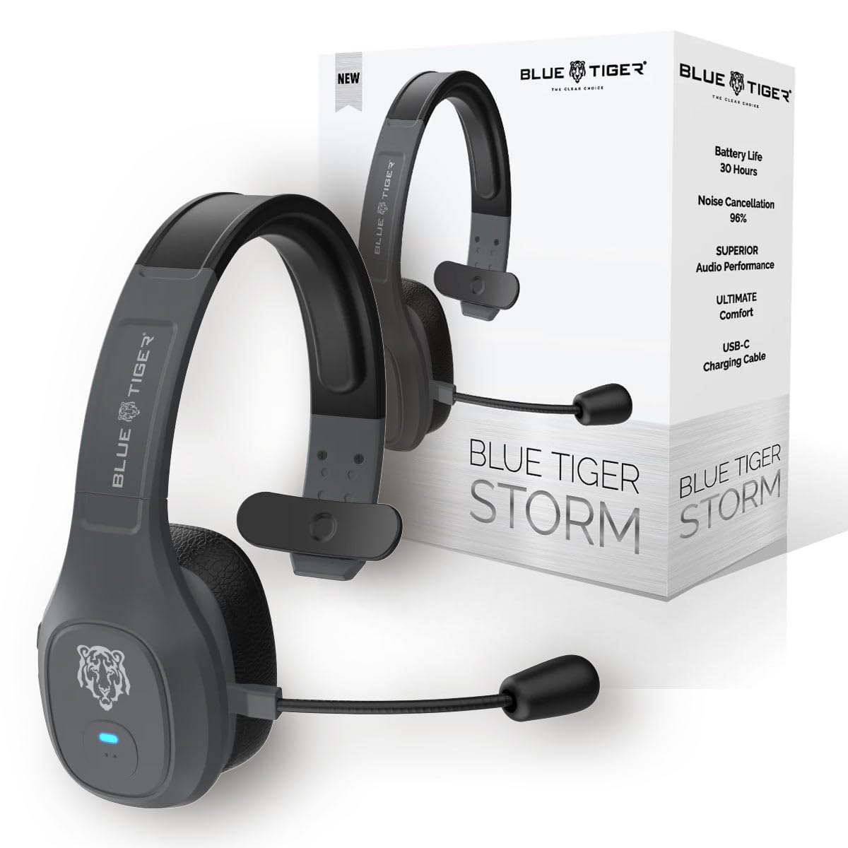 Blue Tiger Storm Gray - Premium Trucker Bluetooth Headset - Wireless Noise Canceling Mono Headset with Mic - High-Fidelity Sound, 30-Hour Talk Time, USB-C Charging - for Truck Drivers, Bluetooth 5.0