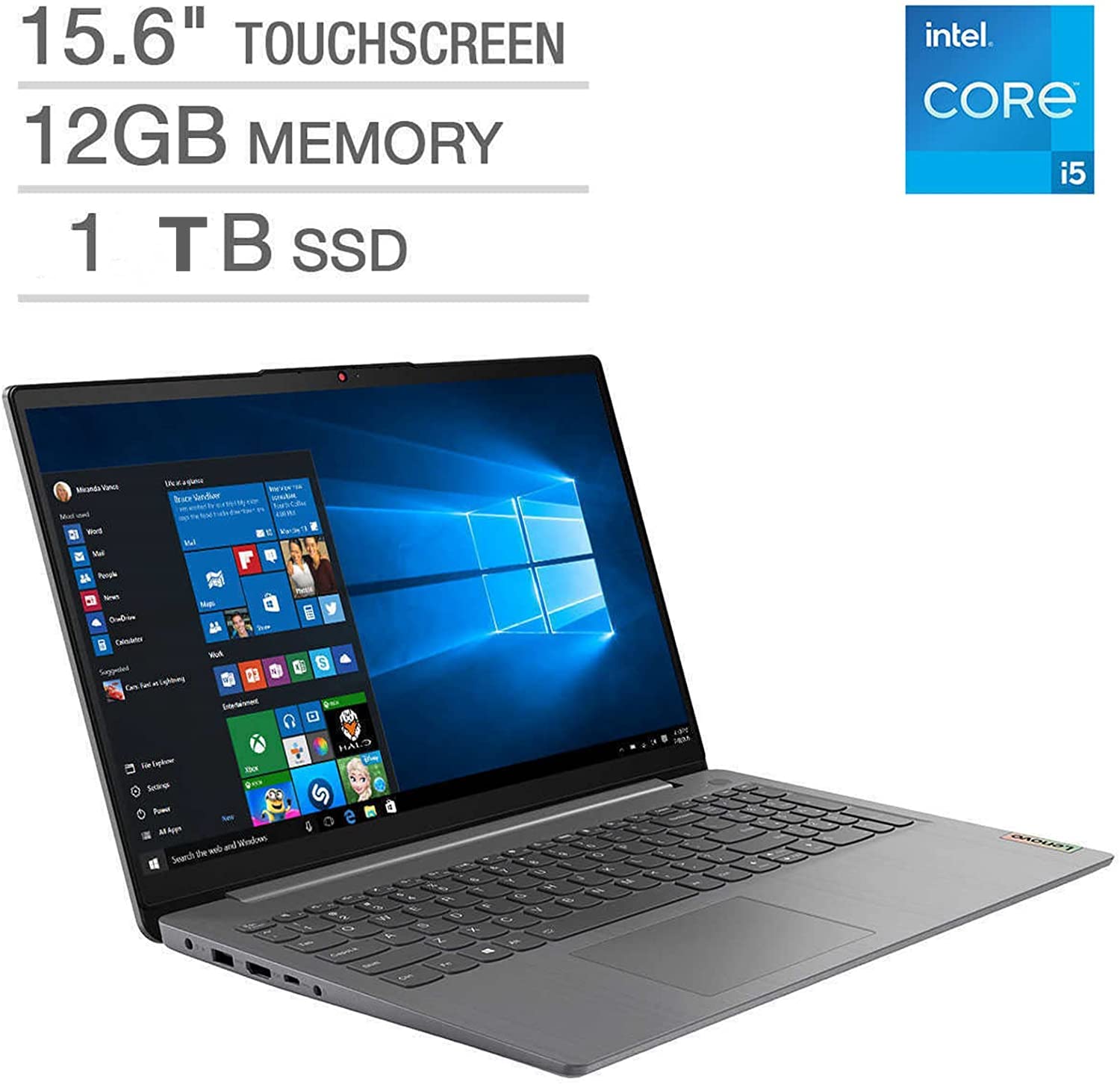 Lenovo Ideapad 3 Notebook Laptop, 15.6" FHD (1920x1080) Touch, Fingerprint Reader, Intel Core i5-1135G7 up to 2.4 GHz, 4Cores, 12GB RAM, 1TB SSD, Bluetooth, Arctic Grey, Windows 10, EAT Mouse Pad