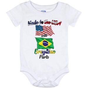 made in the usa with brazilian parts baby bodysuit, half american half brazilian infant outfit, national flag newborn jumpsuit white