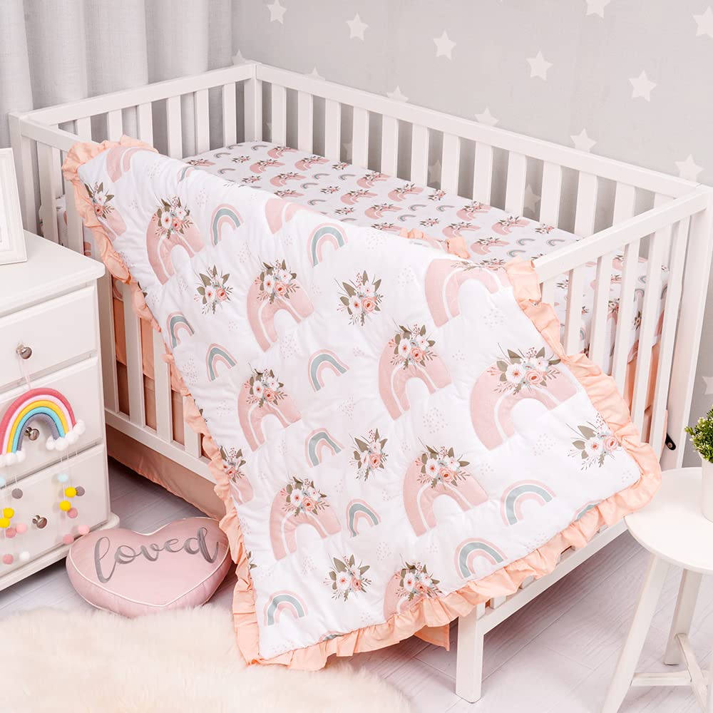 Noisy Mouse - Boho Rainbow, Premium, 100% Organic Cotton 4-Piece Baby Nursery Bedding Crib Set | Baby Comforter | 2 X Fitted Crib Sheets | Crib Skirt (Peach, Teal, White)