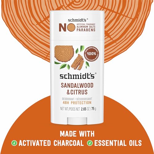 Schmidt's Aluminum-Free Vegan Deodorant Sandalwood & Citrus 2 Count for Women and Men, with 24 Hour Odor Protection, Natural Ingredients, Cruelty-Free, 2.65 oz