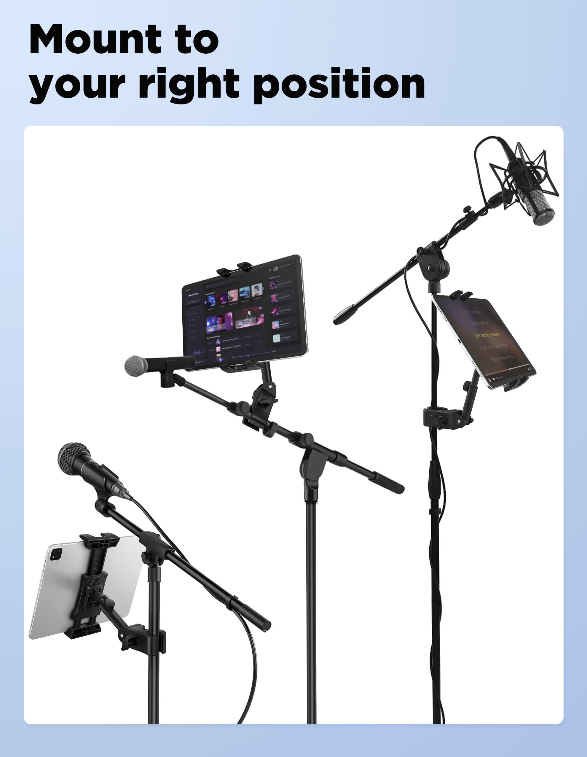 LZSIG Updated Tablet Mount Holder for Mic Stand, Adjustable Microphone Music Stand iPad iPhone Holder Stand, Compatible with Kindle, Android, All 4.7 to 13.5-inch Tablets & Smartphones (L)