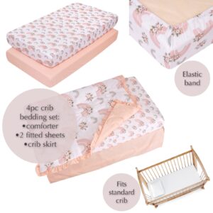 Noisy Mouse - Boho Rainbow, Premium, 100% Organic Cotton 4-Piece Baby Nursery Bedding Crib Set | Baby Comforter | 2 X Fitted Crib Sheets | Crib Skirt (Peach, Teal, White)