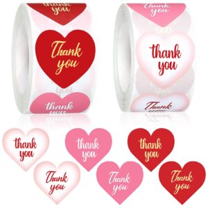 1000 pieces heart thank you sticker 1.5 inches valentine's day red pink label sticker adhesive thank heart shaped sticker thank present tag for wedding anniversaries envelopes greeting cards, 2 rolls