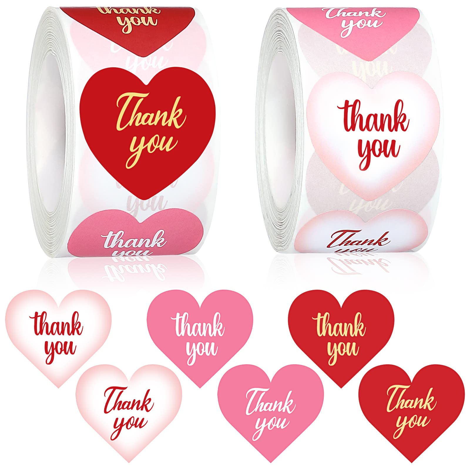 1000 Pieces Heart Thank You Sticker 1.5 inches Valentine's Day Red Pink Label Sticker Adhesive Thank Heart Shaped Sticker Thank Present Tag for Wedding Anniversaries Envelopes Greeting Cards, 2 Rolls