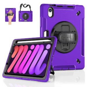 miesherk case for ipad mini 7 (a17 pro) 2024/ mini 6 8.3'' military grade heavy duty shockproof case with stand shoulder strap pencil holder for ipad mini 6th generation a2567 a2568 a2569 purple