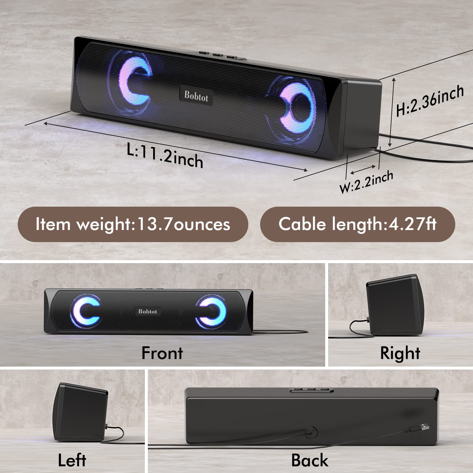 Bobtot Computer Speakers Bluetooth Desktop Soundbar - HiFi Stereo Audio RGB Gaming Mini Subwoofer Wired USB Power Desk Monitor Laptop PC External Speaker USB Speakers Multimedia Sound Bar for Phones